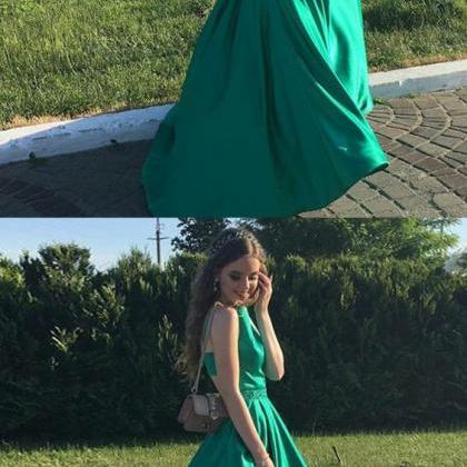 Modest Green Prom Dresses With Pockets, Unique Open Back Party Dresses ...