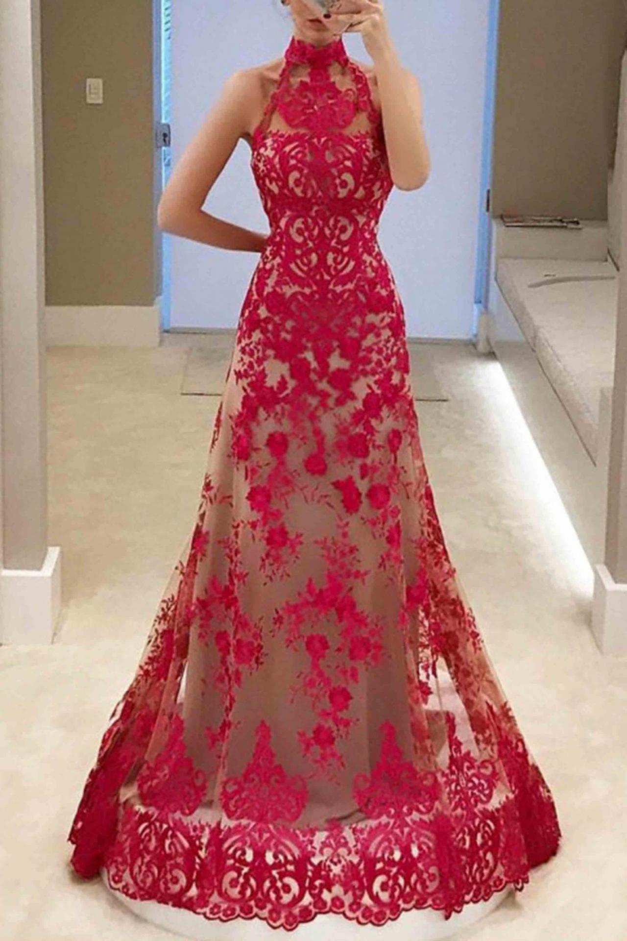 Floor-length Red Prom Dresses,a-line High Neck Prom Dress,sleeveless ...